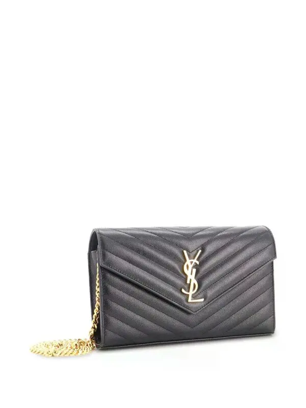 Saint Laurent Classic Monogram Wallet On Chain Matelasse Chevron Leather Medium Crossbody Bag - Black