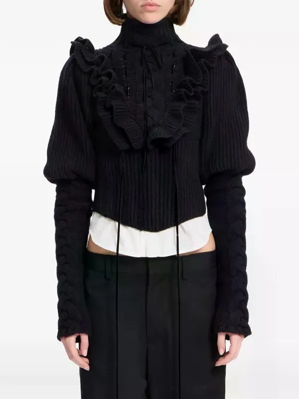 ANN DEMEULEMEESTER Ruffled-detail Cable-knit Sweater - Black