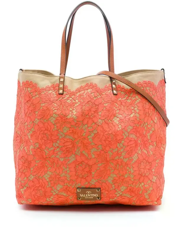 Valentino Garavani 2018-2026 Canvas Rockstud Glam Lace Reversible Tote Satchel - Orange