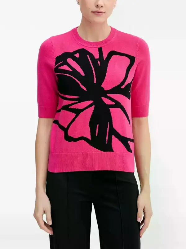 Dkny Floral-intarsia Short-sleeve Sweater - Pink