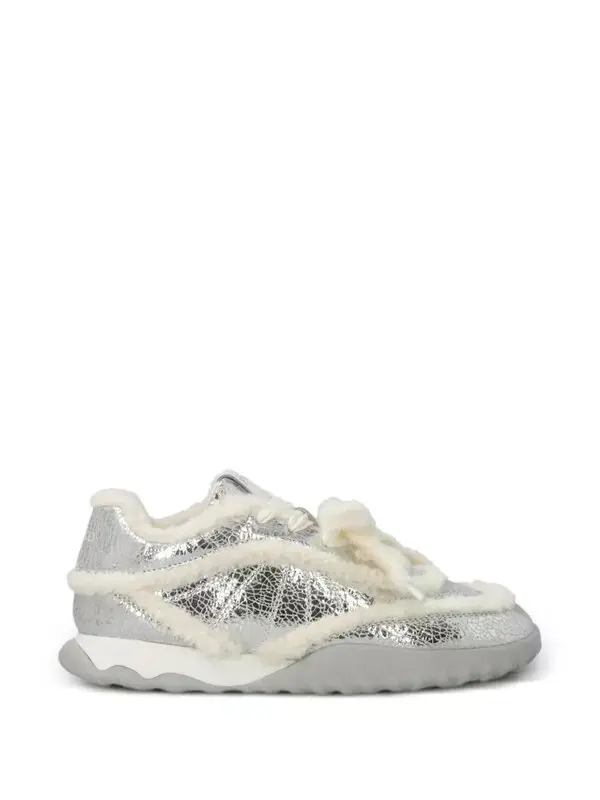 Pinko Cracked-effect Shearling-trim Sneakers