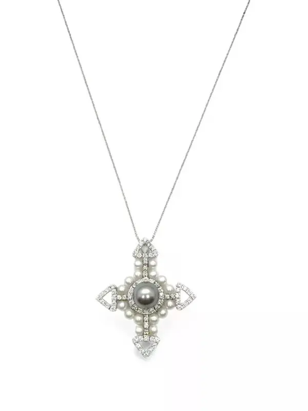ANDREOLI 18k White Gold Diamond And Pearl Cross Pendant Necklace