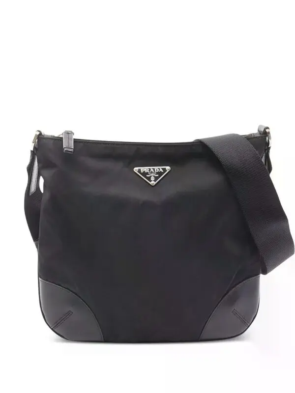 Prada Vitello Trimmed Tessuto Zip Top Crossbody Bag - Black
