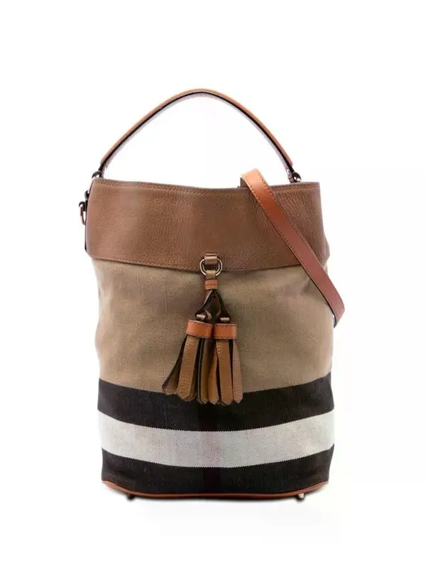 Burberry 2000-2017 Medium Mega Check Canvas And Grained Calfskin Ashby Tassel Bucket Bag Satchel - Brown