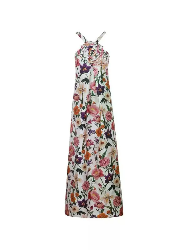 Borgo De Nor Maxi Floral-print Appliqué-detail Dress - White