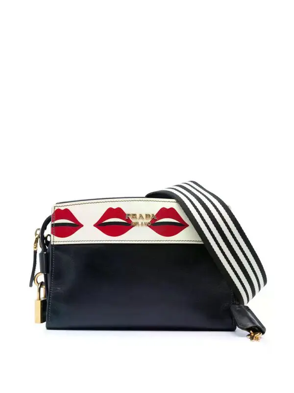Prada 2000-2013 City Calf And Saffiano Lip Print Esplanade Crossbody Bag - Black