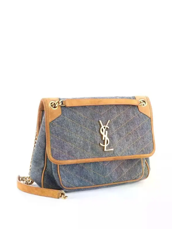 Saint Laurent Niki Chain Flap Bag Matelasse Chevron Denim With Suede Medium Shoulder Bag - Blue