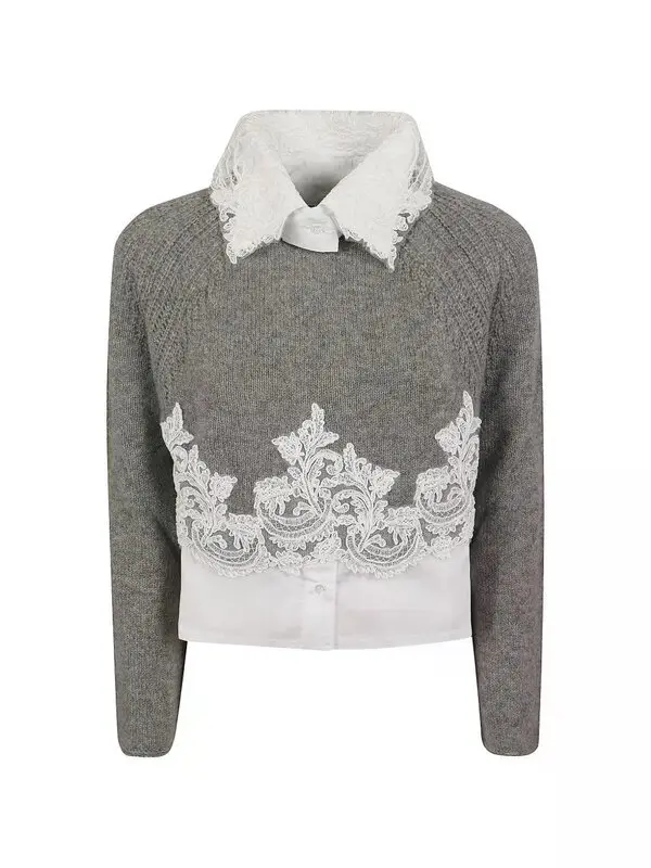 Ermanno Scervino Lace-trim Collared Sweater - Grey