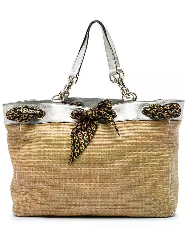 Gucci Straw Positano Tote Bag With Printed Scarf Detail