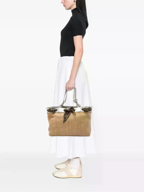 Gucci Straw Positano Tote Bag With Printed Scarf Detail