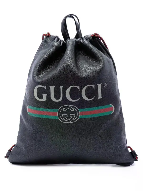 Gucci 2021-2026 Grained Calfskin Web Logo Drawstring Backpack