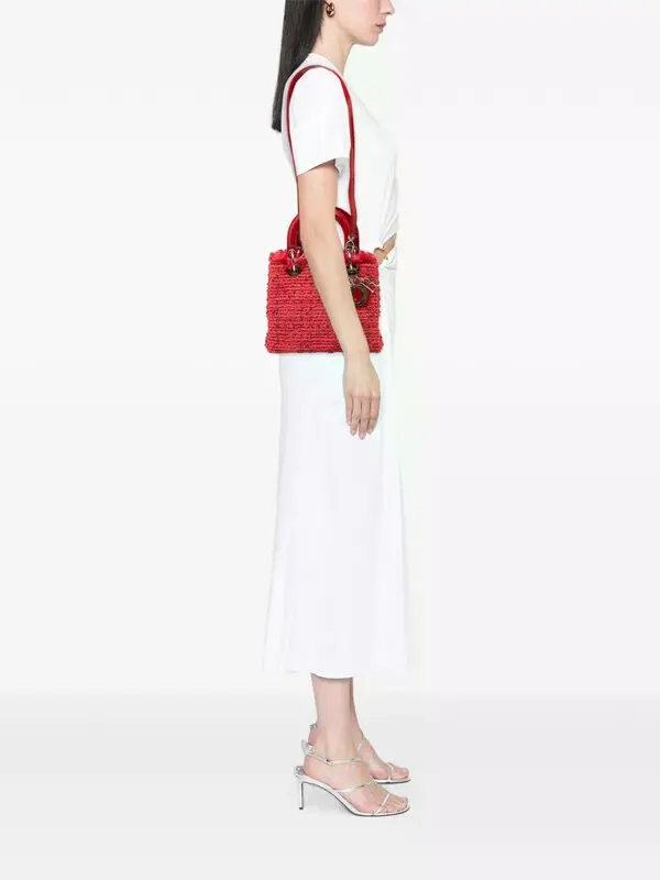Dior 2012 Medium Tweed Fringe Rhinestone Lady Satchel - Red