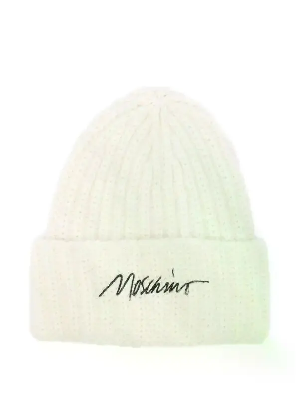 Moschino Embroidered Ribbed Beanie Hat - Neutrals