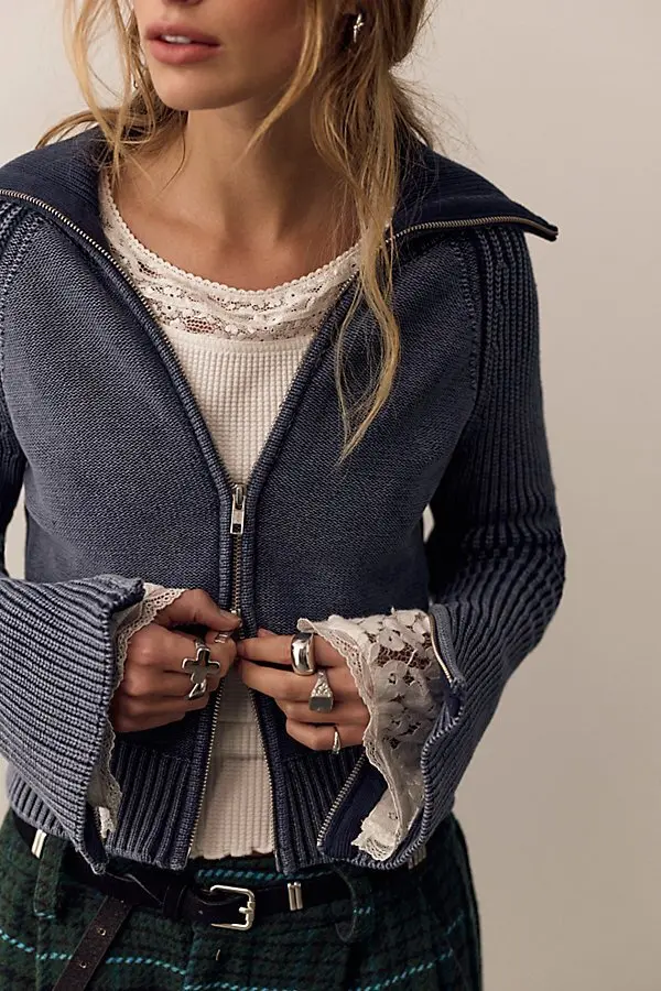 Free People Josephine Funnel-neck Cardigan - Navy