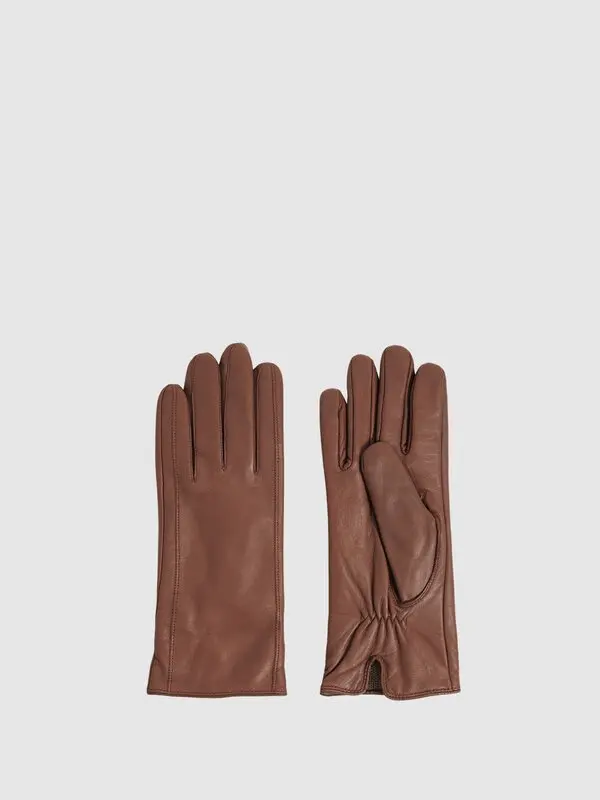 REISS Giselle Ruched Leather Gloves - Tan