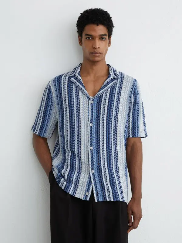 REISS Stripe-knit Cuban-collar Shirt