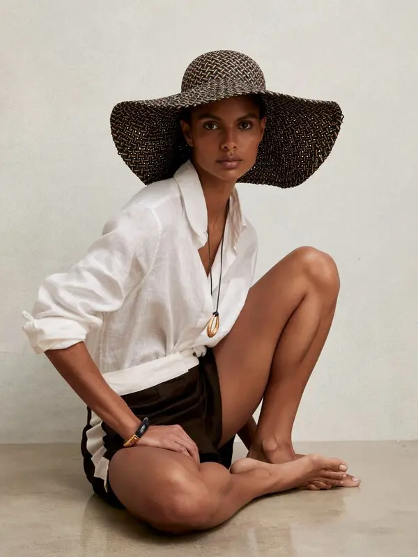 REISS Black & Natural Straw Basket-weave Sun Hat