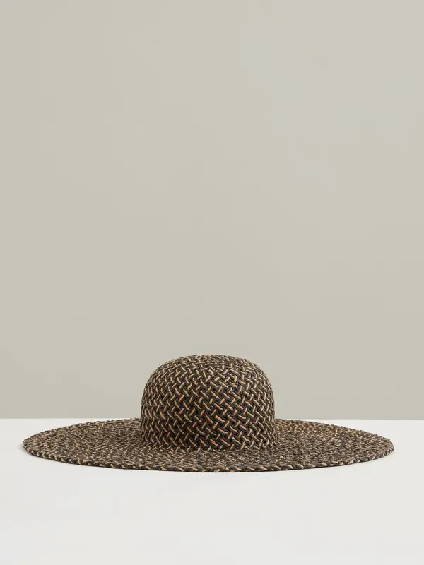 REISS Black & Natural Straw Basket-weave Sun Hat