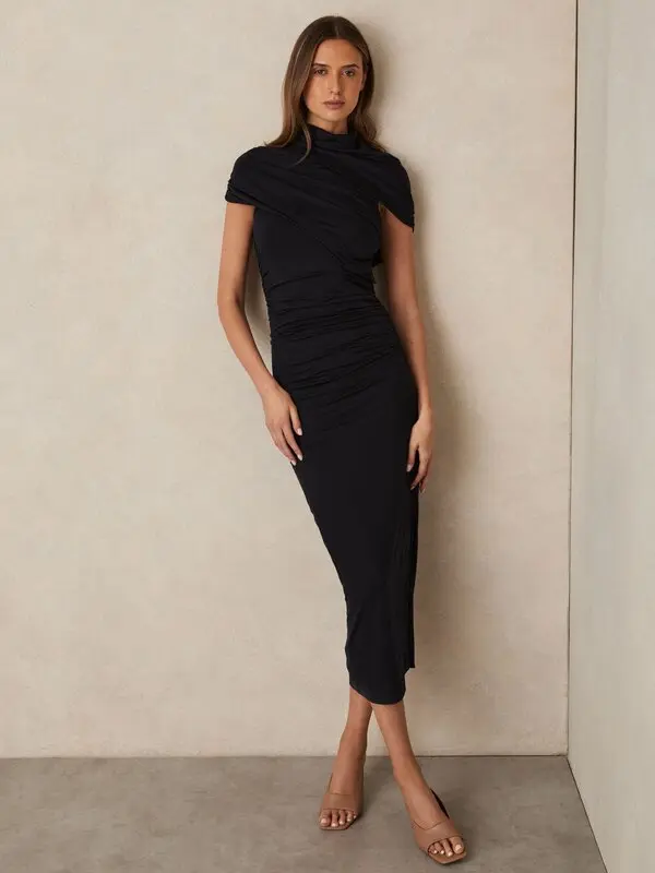 REISS Lyocell Ruched Midi Dress - Navy