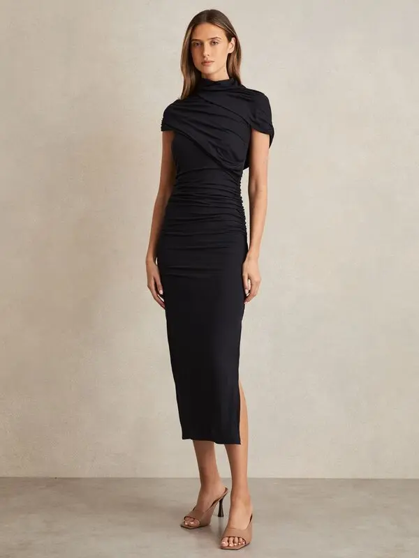 REISS Lyocell Ruched Midi Dress - Navy