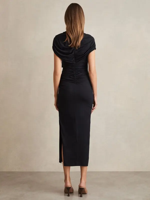 REISS Lyocell Ruched Midi Dress - Navy