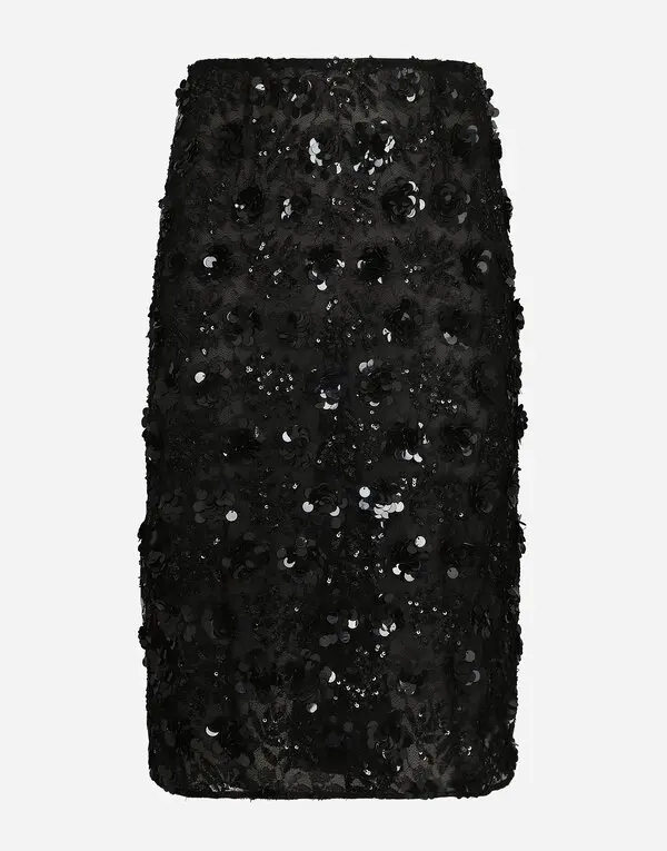 Dolce & Gabbana Lace Calf-length Skirt With All-over Sequins Skirts - Black