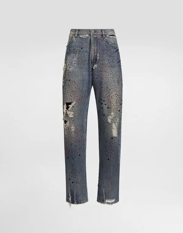 Dolce & Gabbana Denim Trousers With Rhinestones Denim Multi-colored - Multicolor
