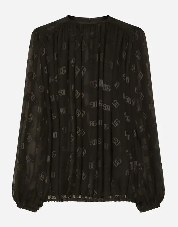 Dolce & Gabbana Devoré Satin Blouse With All-over Dg Logo Shirts And Tops - Black