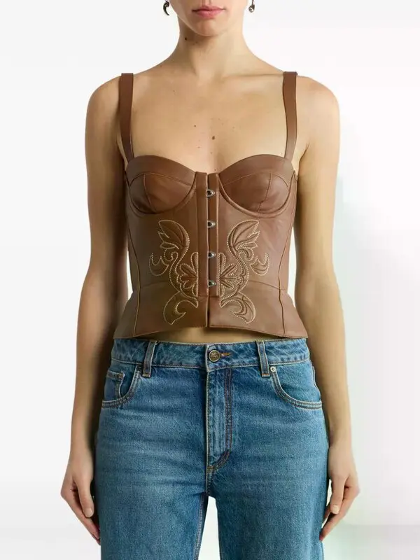 Etro Leather Corset Top With Topstitched Motif