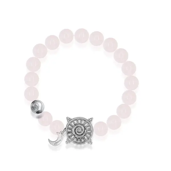 AUROZIA White Gold Plated Sundial Charm Bracelet With Rose Quartz - Silver/pink