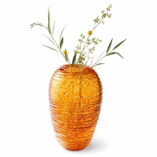 MARLETH Amber Glass Vase Ribbed - Yellow