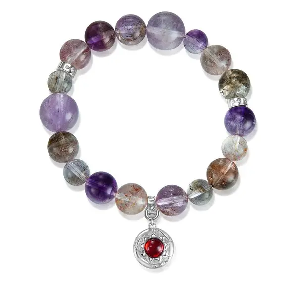 AUROZIA Silver / Red Five Elets Super Seven Crystal Beadeds Bracelet Fire Silver