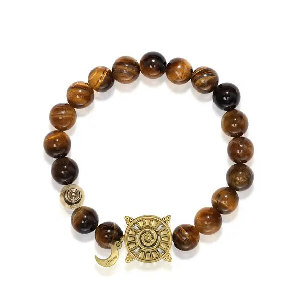 AUROZIA Gold Plated Sundial And Sun Crystal Beaded Bracelet With Tiger's Eye Charms - Gold/yellow
