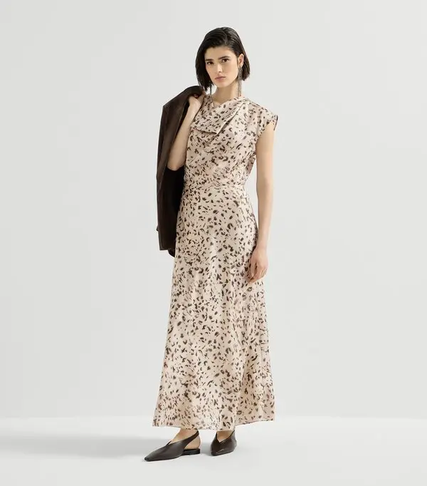 Brunello Cucinelli Silk Pongee Lynx Print Maxi Dress