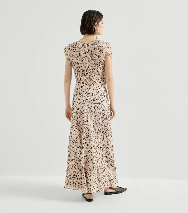 Brunello Cucinelli Silk Pongee Lynx Print Maxi Dress
