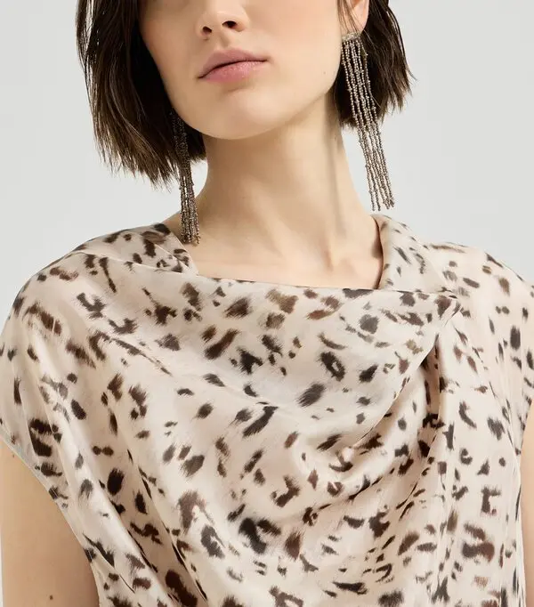 Brunello Cucinelli Silk Pongee Lynx Print Maxi Dress