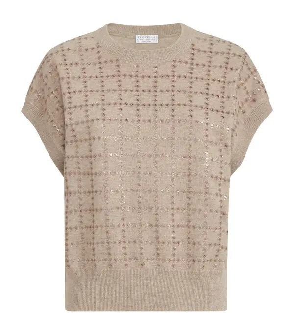 Brunello Cucinelli Cashmere Sequin Check Knit T-shirt