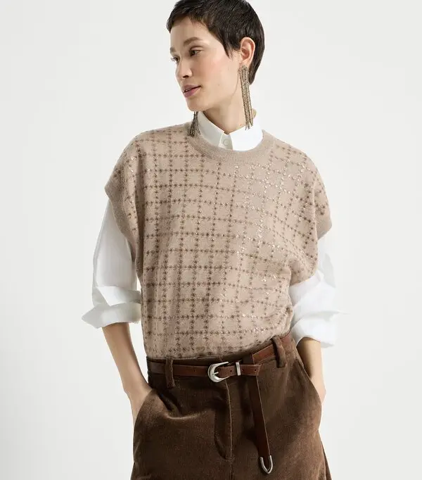 Brunello Cucinelli Cashmere Sequin Check Knit T-shirt