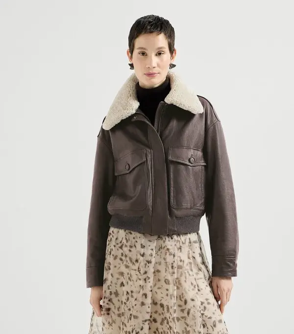 Brunello Cucinelli Nappa Leather Shearling Collar Aviator Jacket
