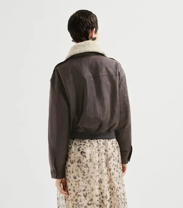 Brunello Cucinelli Nappa Leather Shearling Collar Aviator Jacket