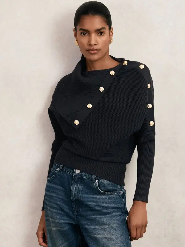 REISS Rib-knit Button Shawl Jumper