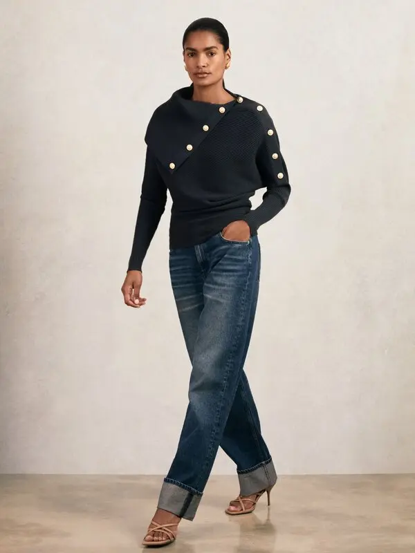 REISS Rib-knit Button Shawl Jumper