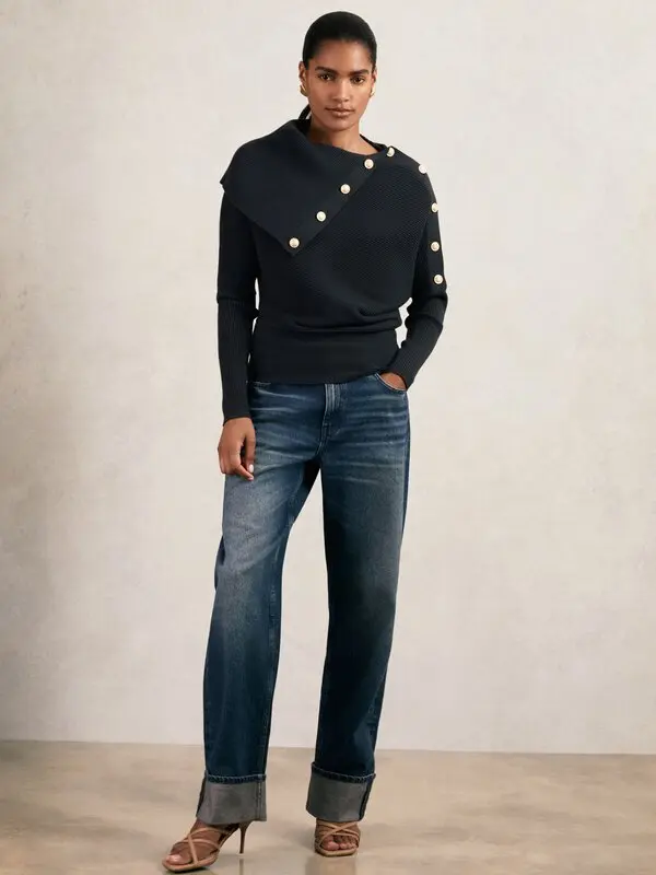 REISS Rib-knit Button Shawl Jumper