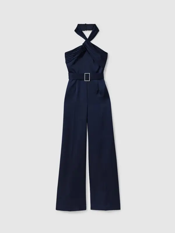 Halston Satin Halter Neck Wide Leg Jumpsuit - Navy