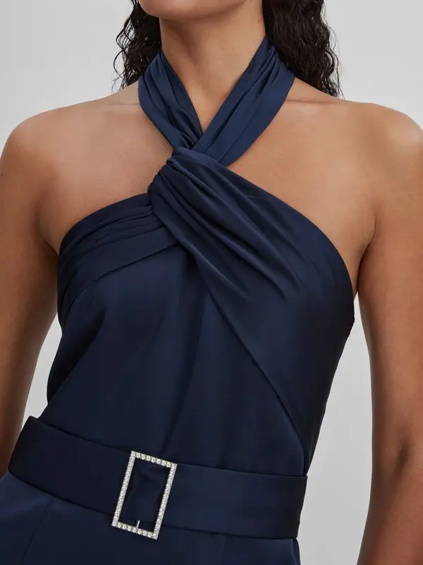 Halston Satin Halter Neck Wide Leg Jumpsuit - Navy
