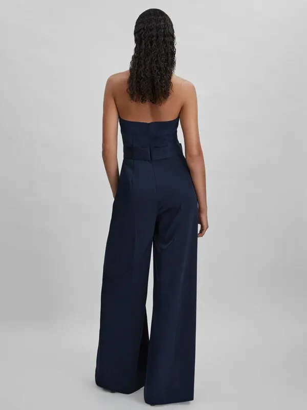 Halston Satin Halter Neck Wide Leg Jumpsuit - Navy