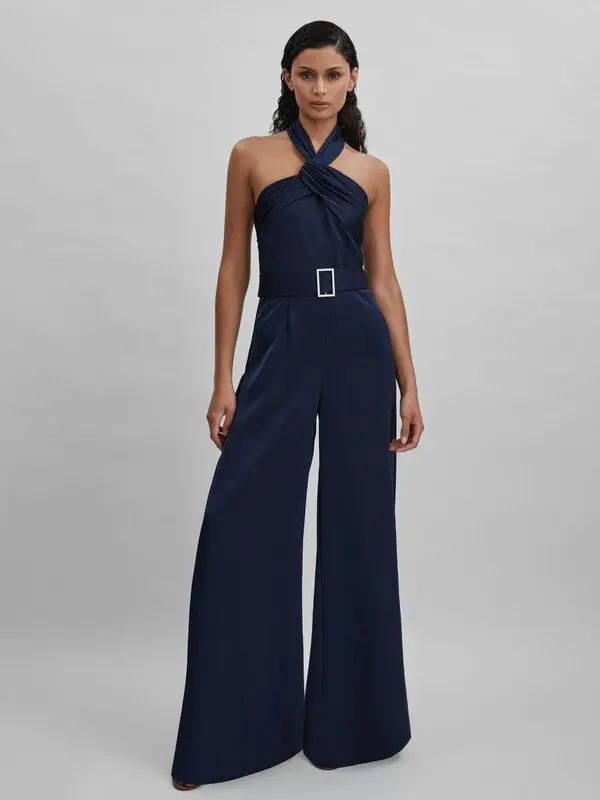 Halston Satin Halter Neck Wide Leg Jumpsuit - Navy