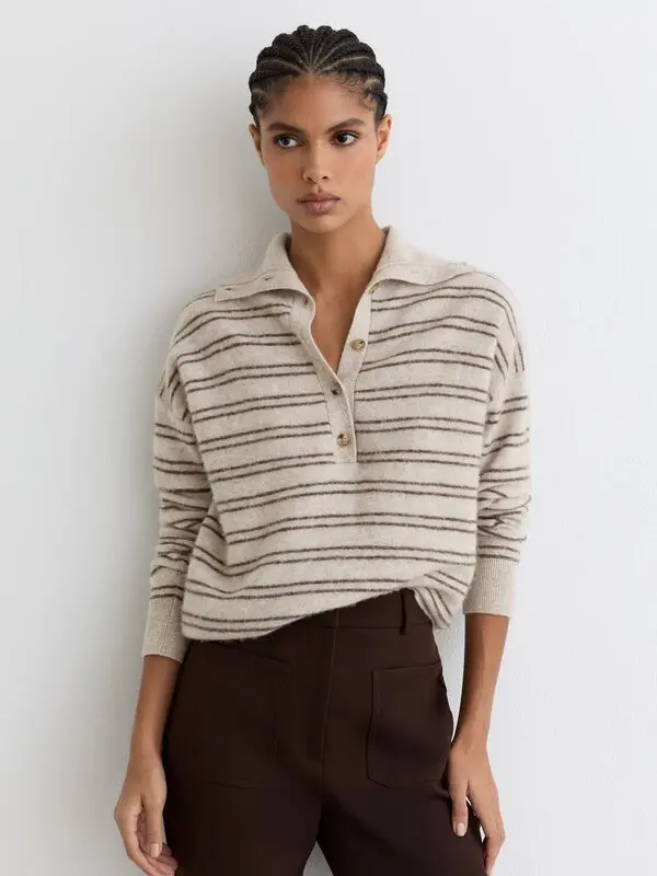 REISS Neutral & Brown Wool-cashmere Stripe Buttoned Jumper