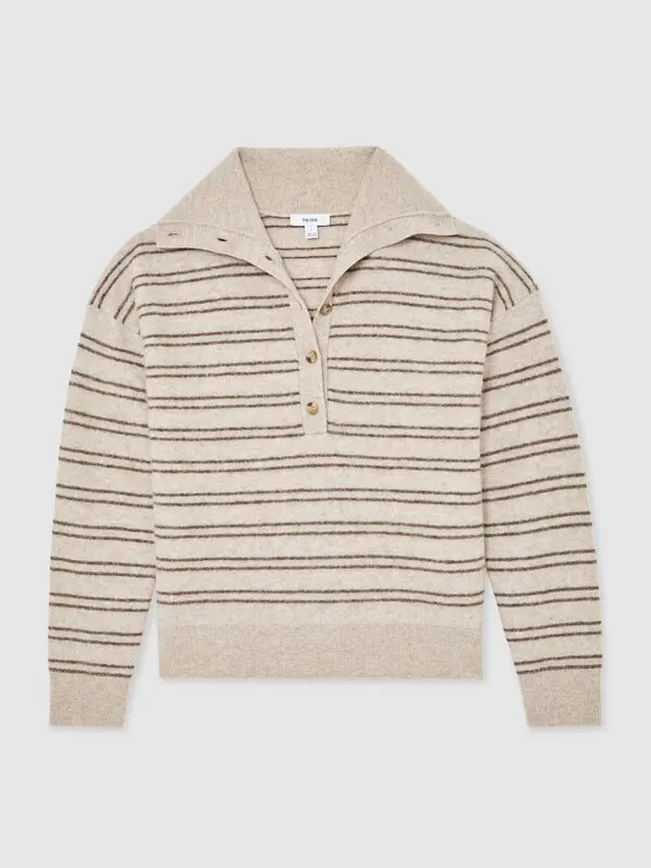 REISS Neutral & Brown Wool-cashmere Stripe Buttoned Jumper