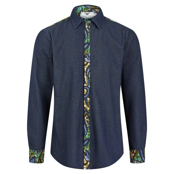 OHEMA OHENE Denim & African Print Cotton Shirt Floral - Blue